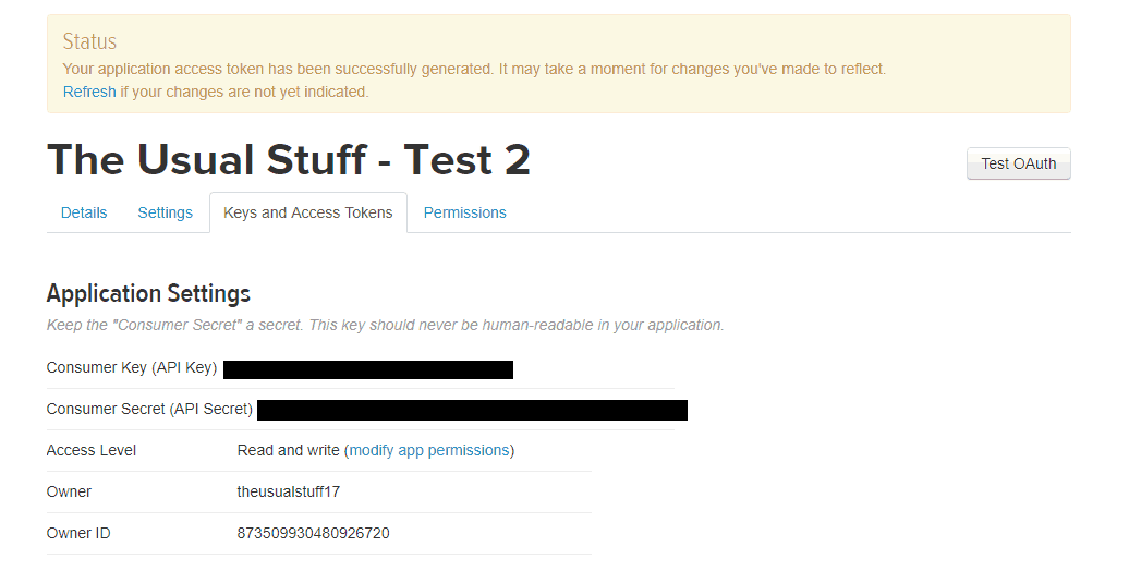Generate Twitter Consumer Key and Access Token - The Usual Stuff